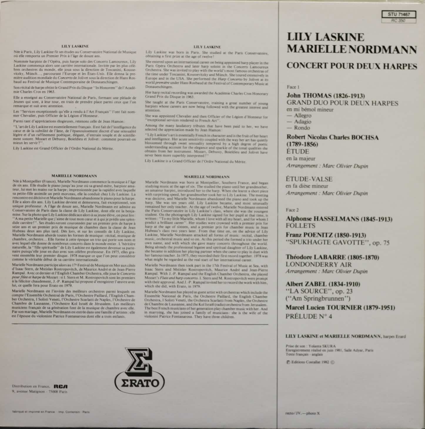 Lily Laskine / Marielle Nordmann: Concert Pour Deux Harpes LP (Käyt ...