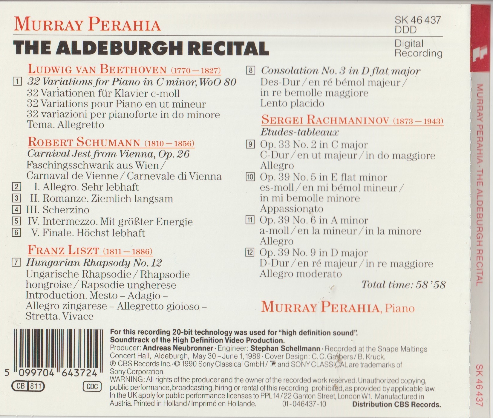 Murray Perahia: The Aldeburgh Recital CD (Käyt) – Äänilevykauppa älppäri.fi