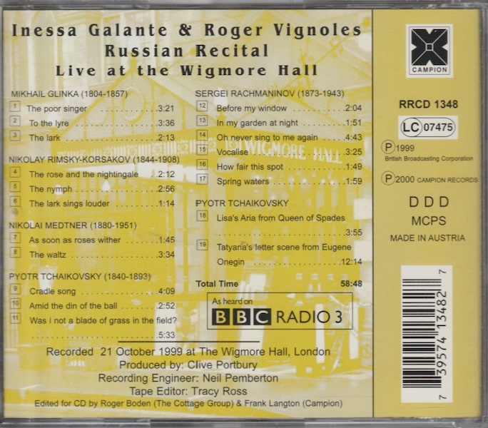 Inese Galante & Roger Vignoles: Russian Recital At Wigmore Hall CD ...