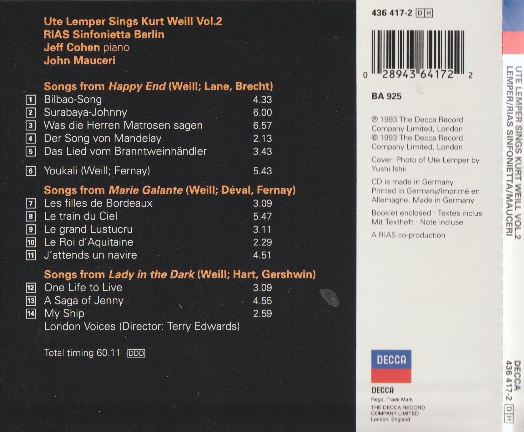 Ute Lemper / Mauceri: Ute Lemper Sings Kurt Weill Vol. 2. CD (Käyt ...