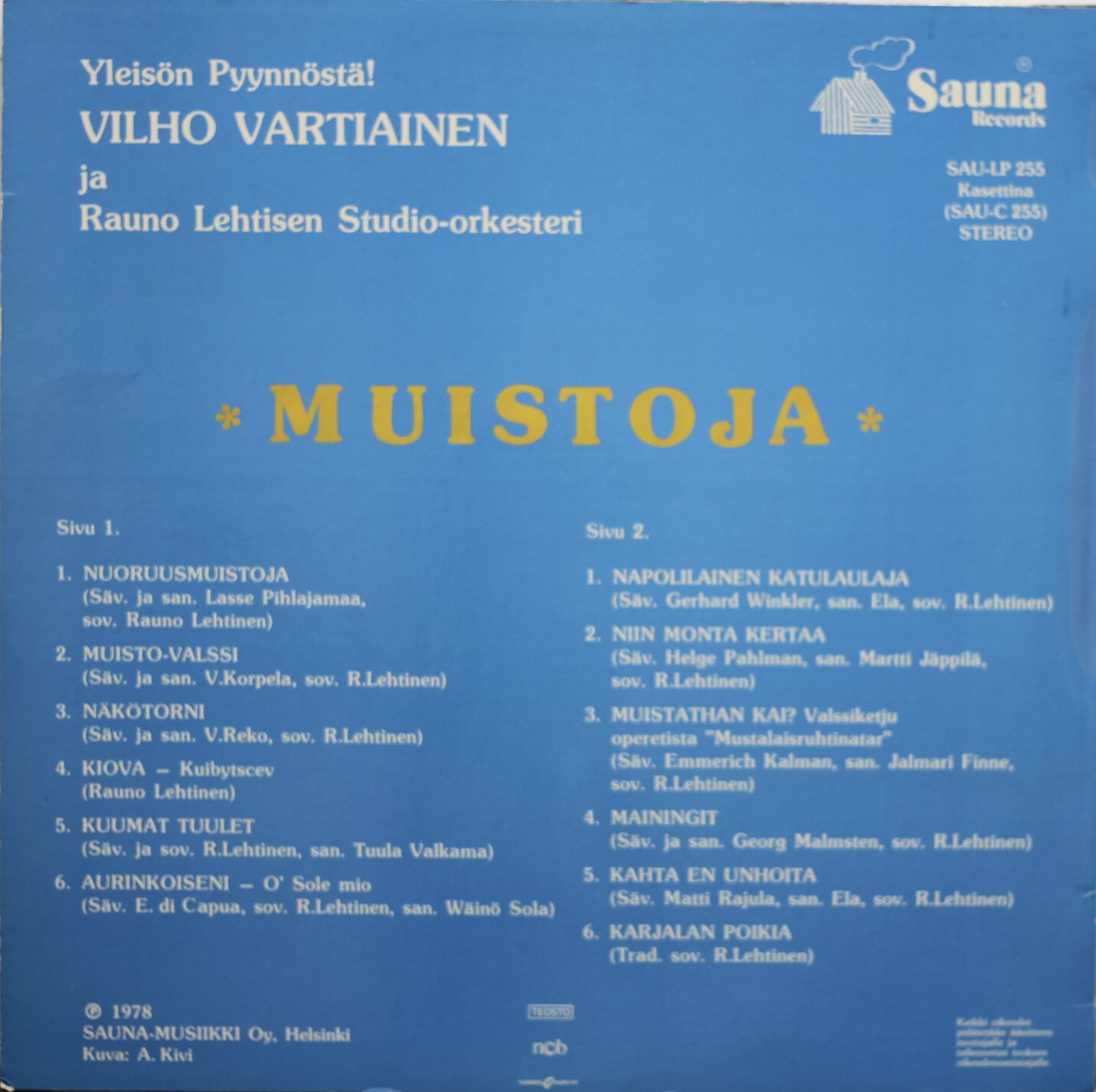 Vilho Vartiainen ja Rauno Lehtisen Studio-orkesteri: Muistoja LP Käyt ...